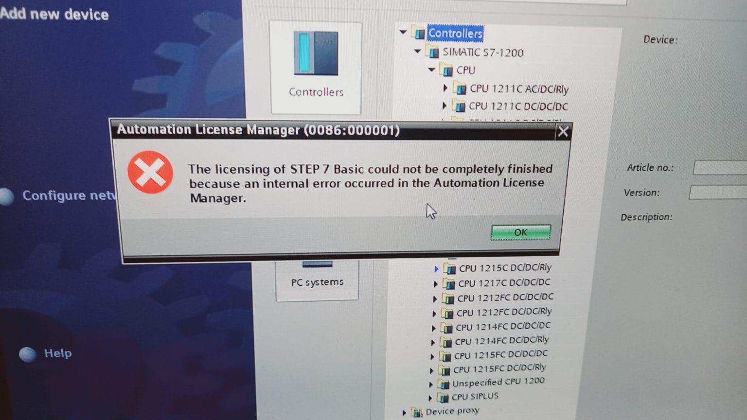 The License Of Step7 Basic Could Not Be Completely Finished Because An